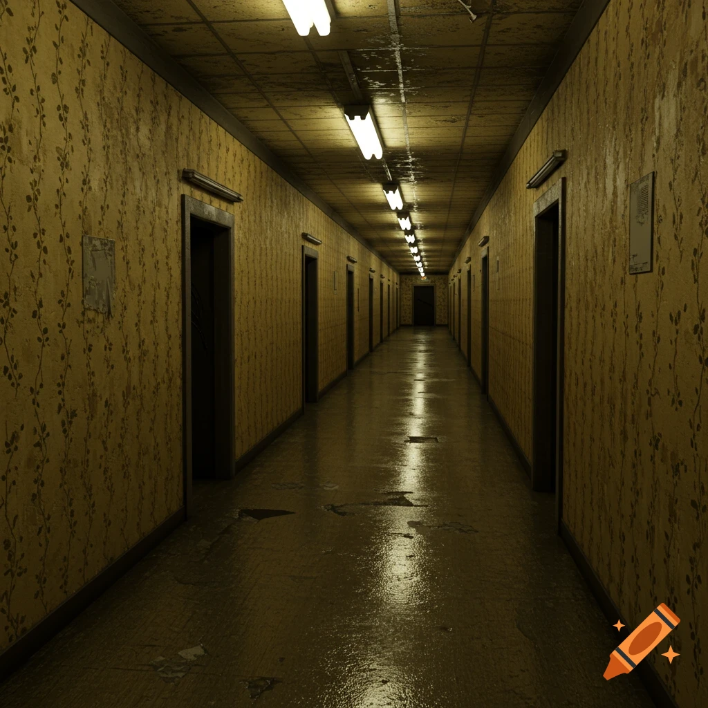A long, dimly lit, narrow yellow hallway with patterned wallpaper and ...