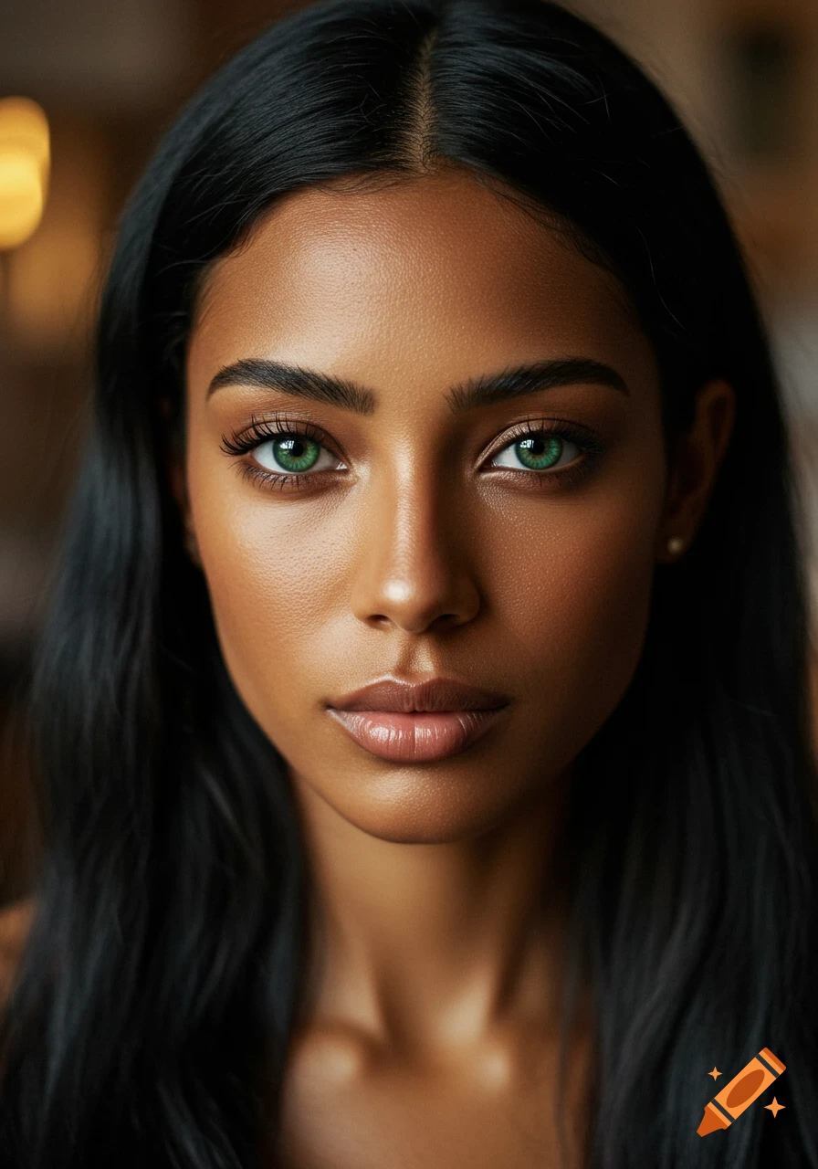 Photorealistic portrait of a woman with long black hair, cat-like hazel ...