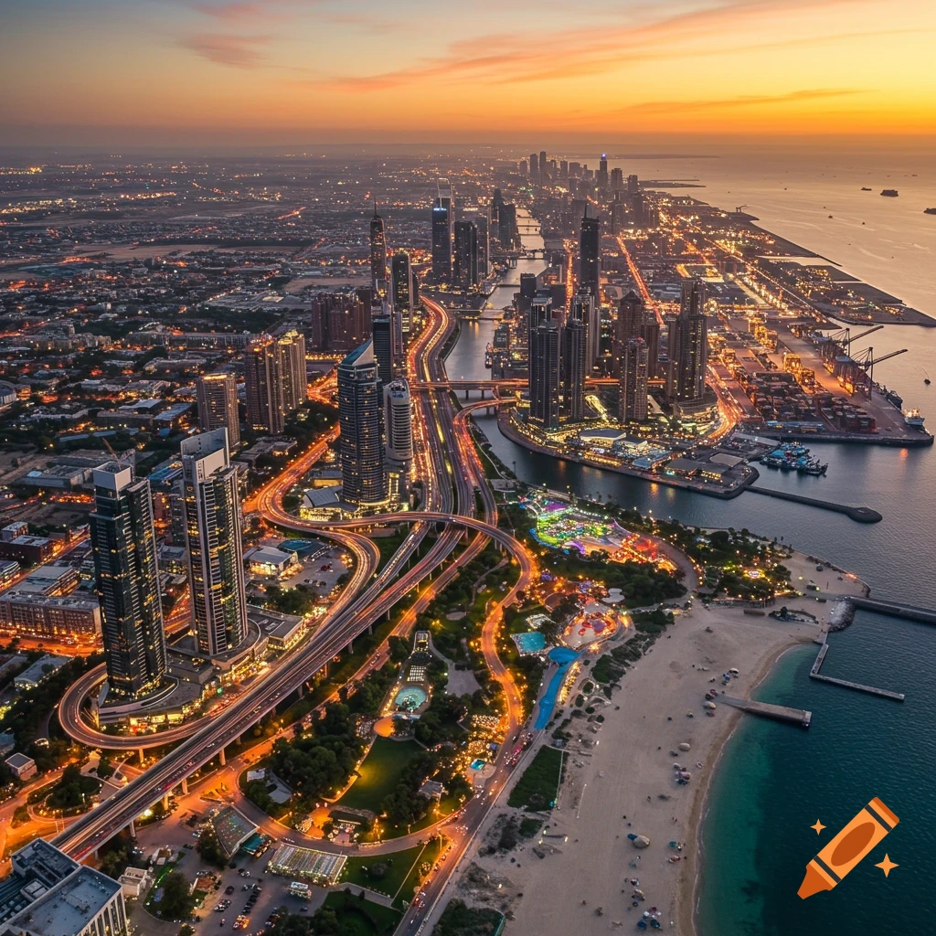 Aerial view of a vibrant metropolis at dusk, featuring a complex network of highways ...