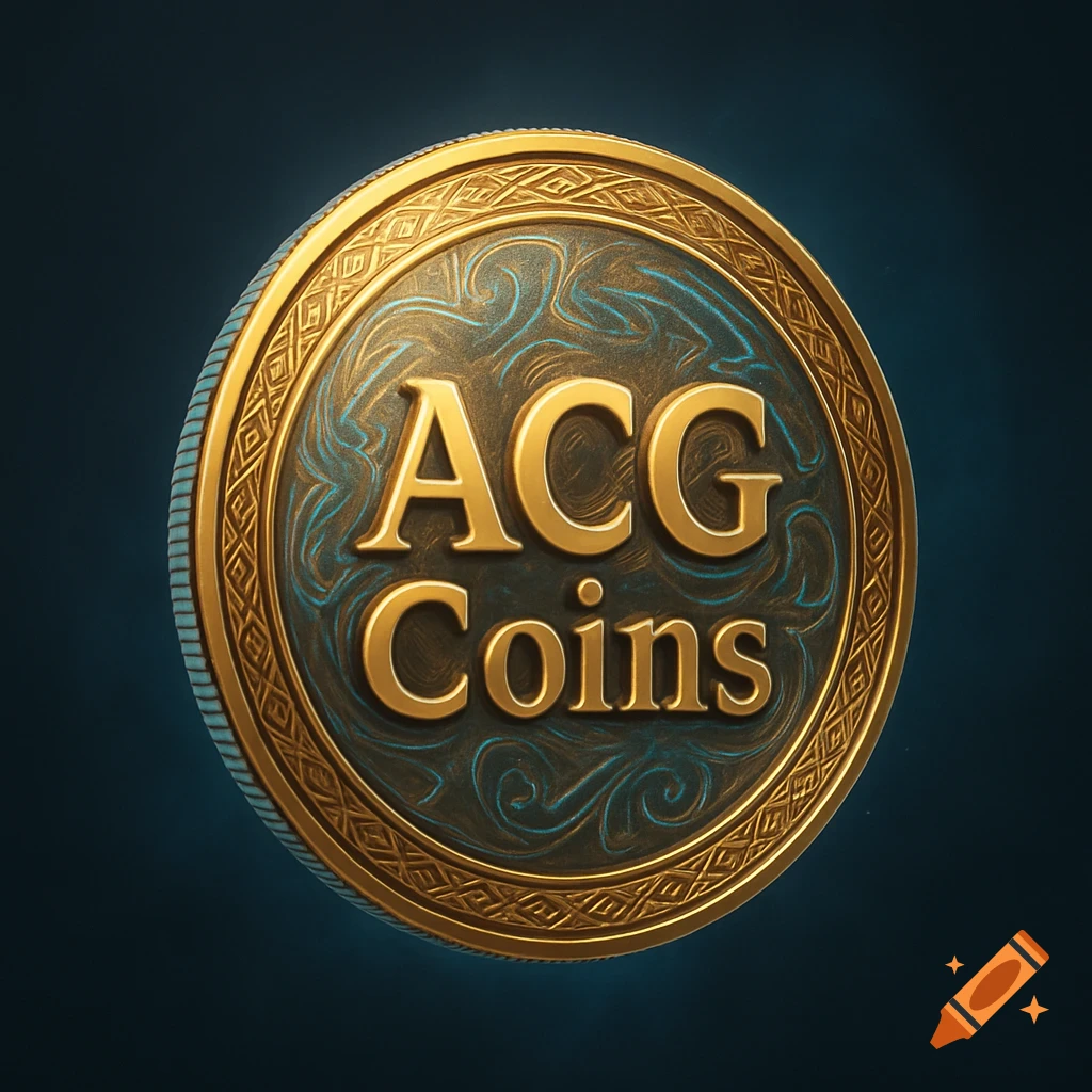 A close-up, photorealistic render of a golden coin with "ACG Coins ...