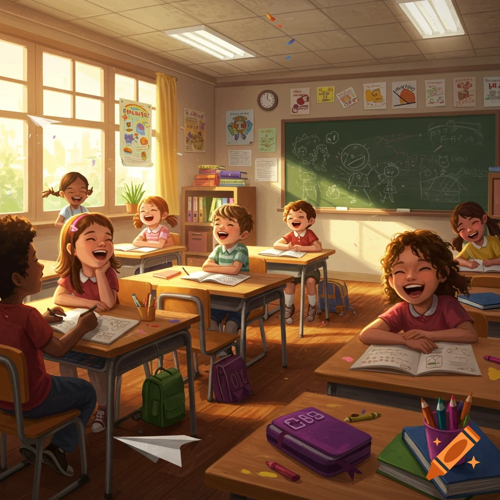 Illustrative scene of cheerful school children playing with colorful ...