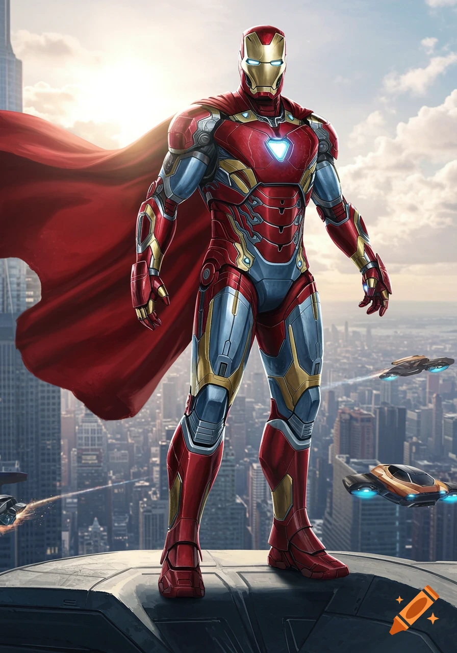 Iron Man in his red and gold suit with a flowing red cape stands on a ...
