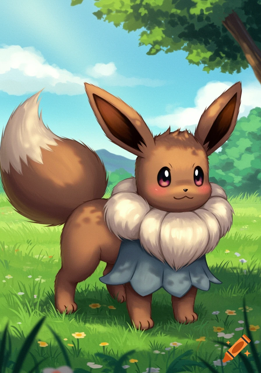 A cute Eevee with large ears and a fluffy collar sits in a vibrant ...