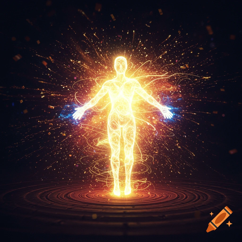 A rainbow-colored figure with outstretched arms, glowing brightly ...