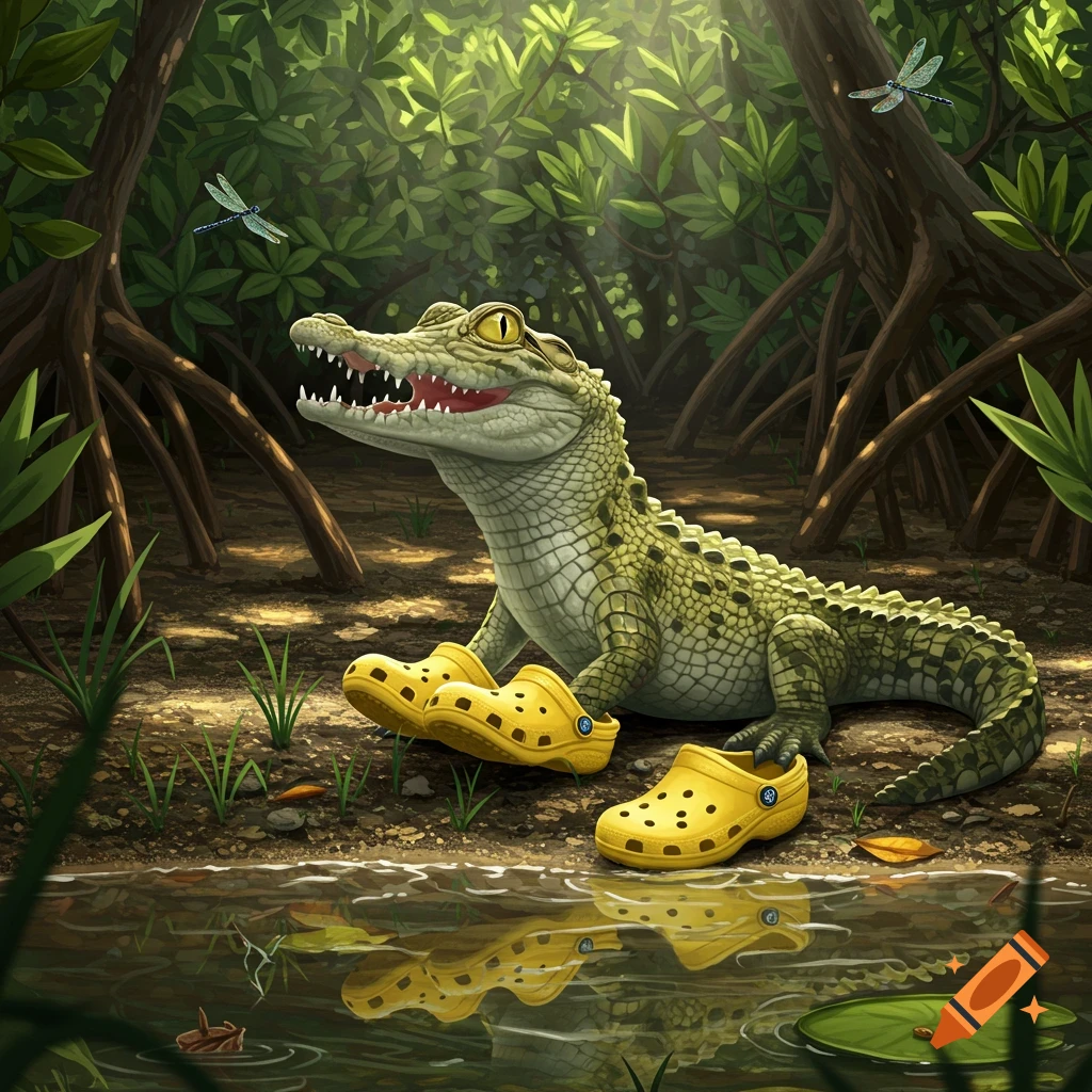 An adult alligator teaches five baby alligators in a lush, green swamp ...