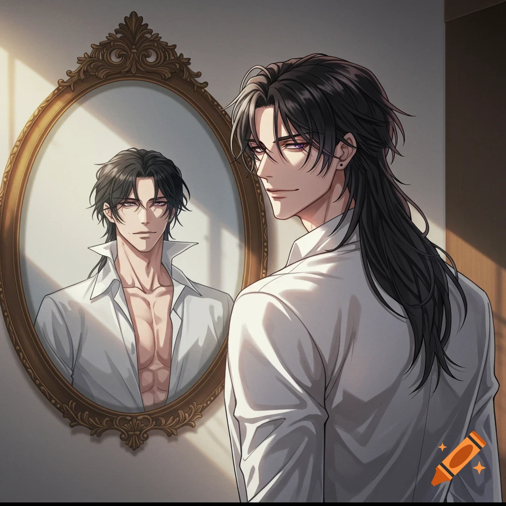 Manga portrait of a raven-haired man with healing scars on his jaw and ...