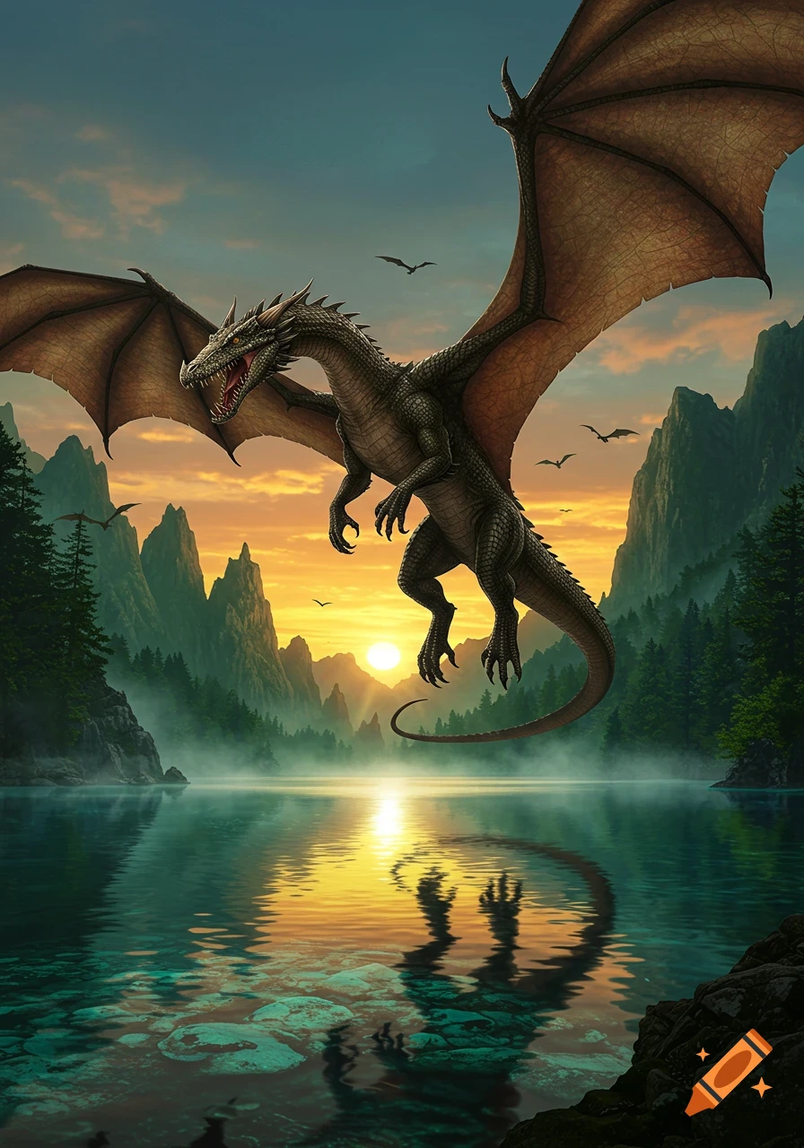 A large dragon with wings soars over a tranquil lake at sunset ...