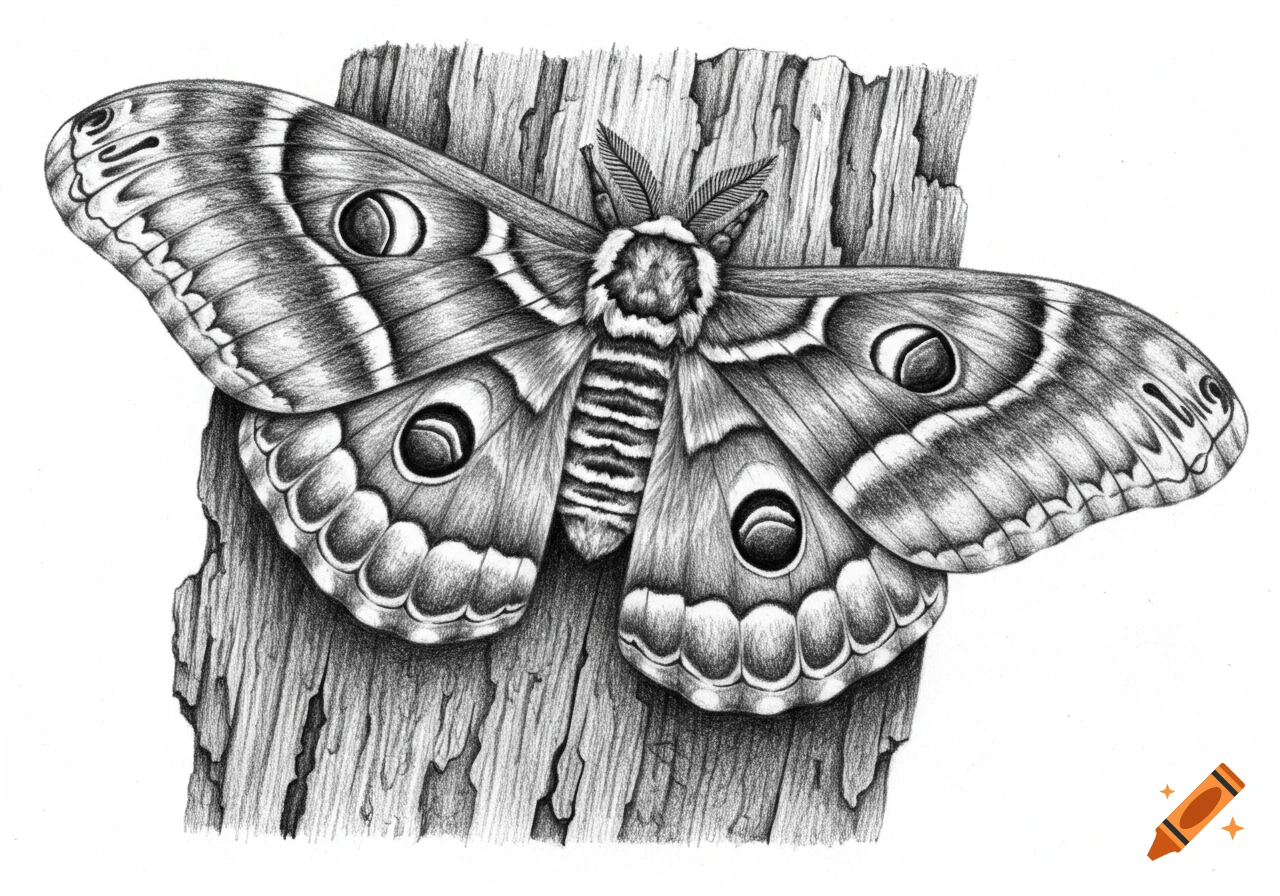 Detailed black and white pencil drawing of a large Cecropia moth with ...
