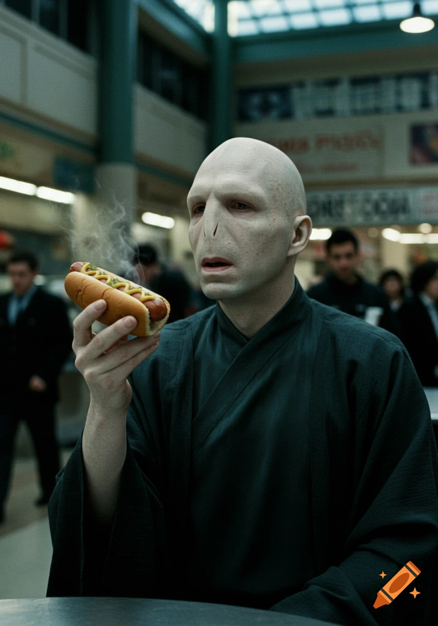 Photorealistic image of Voldemort holding a steaming hot dog with ...