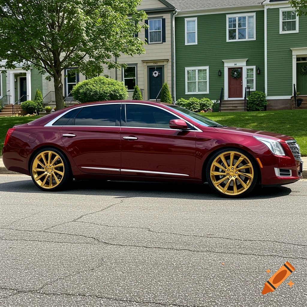 A burgundy Cadillac XTS sedan with gold rims parked on a residential ...