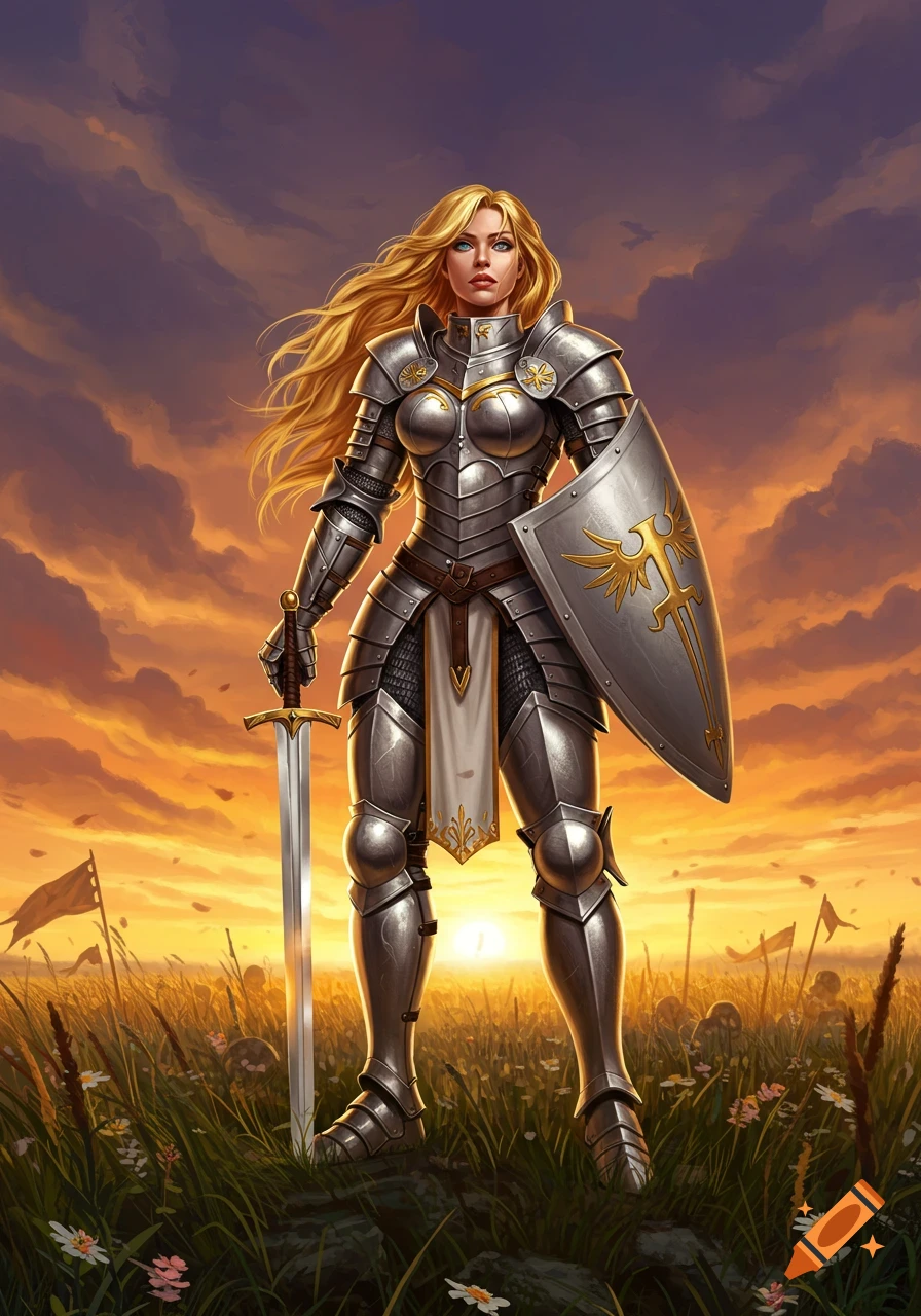 A blonde female paladin in silver armor, holding a sword and shield ...