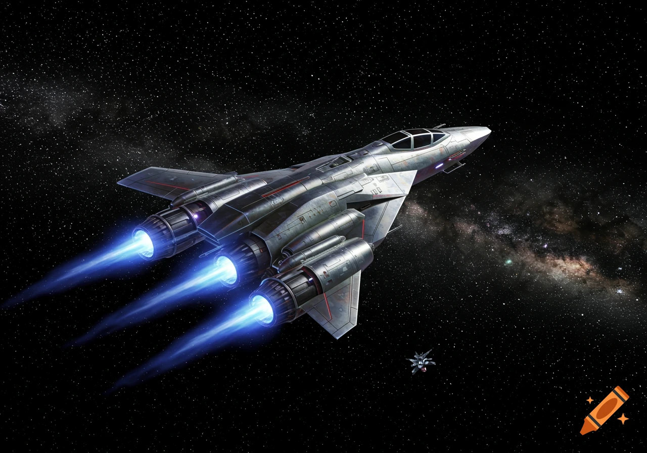 A futuristic silver fighter jet with glowing blue engines flies through ...