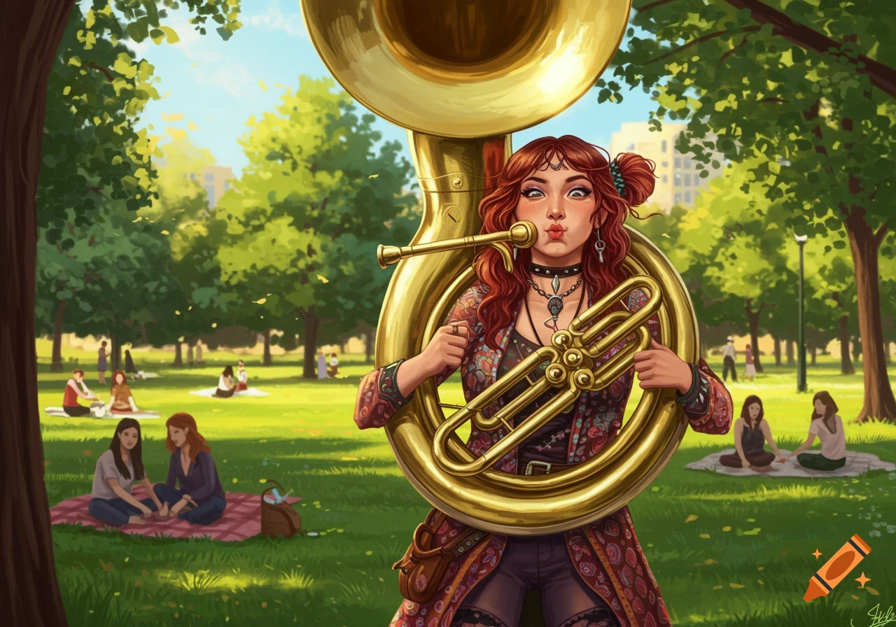 A red-haired woman with a puckered face holds a large golden tuba in a ...