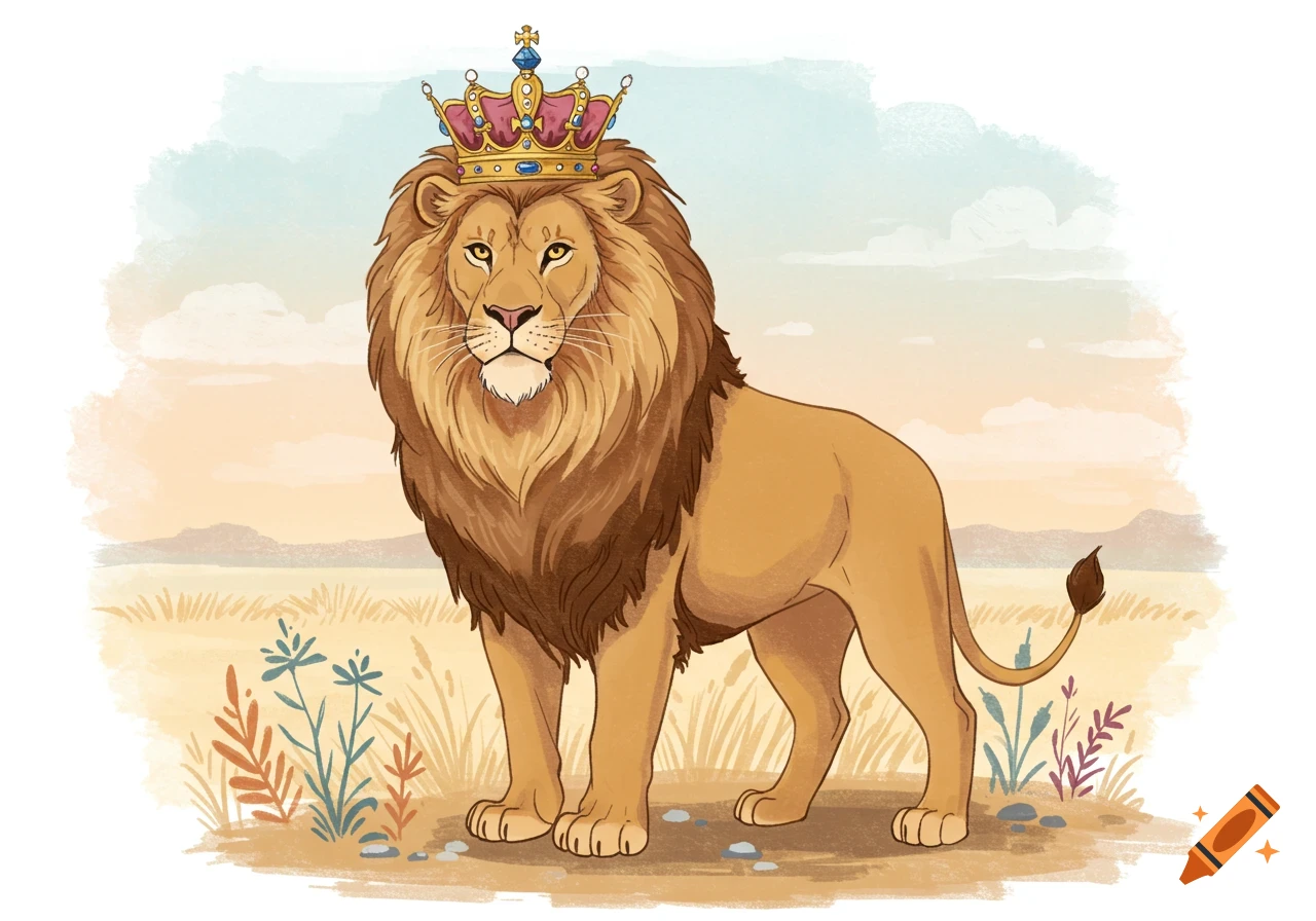 A regal lion wearing a golden crown stands in a picture book style ...