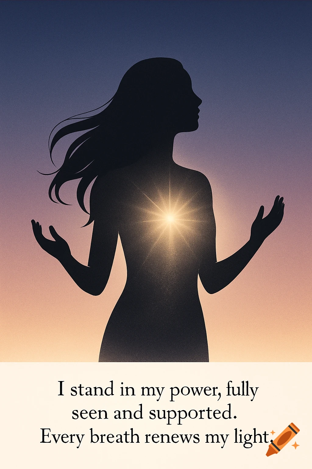 A dark silhouette of a person with flowing hair and open hands ...