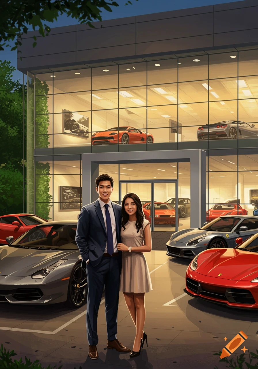 An illustrated young couple standing in front of a modern sports car ...