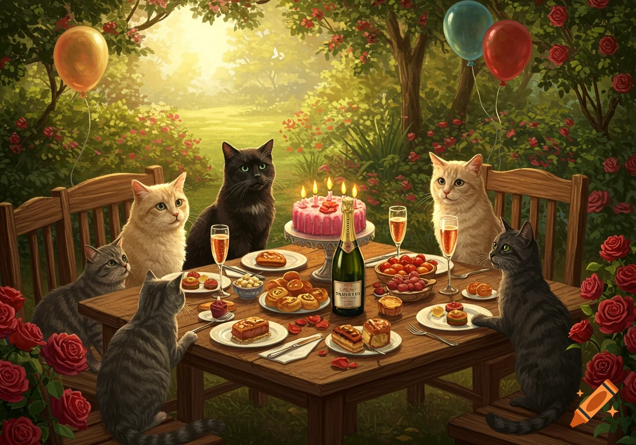 A family of cats sits around a decorated table laden with food, in a ...