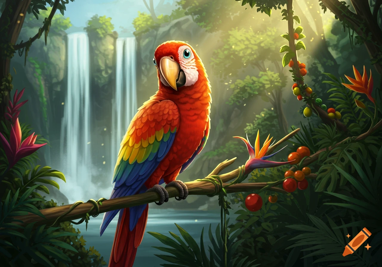 A cute green cartoon parrot with a yellow beak eats a piece of mango ...