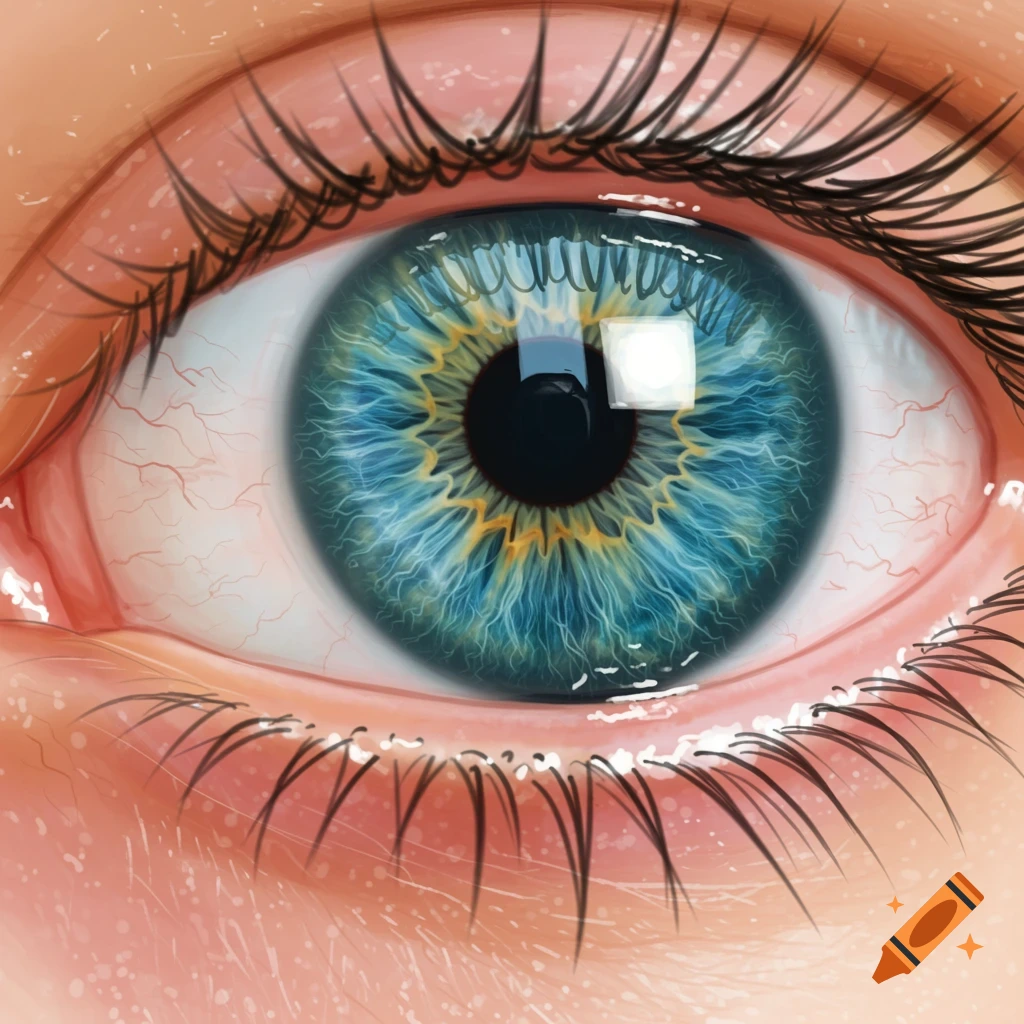 A detailed illustration of a blue human eye with yellow patterns in the ...