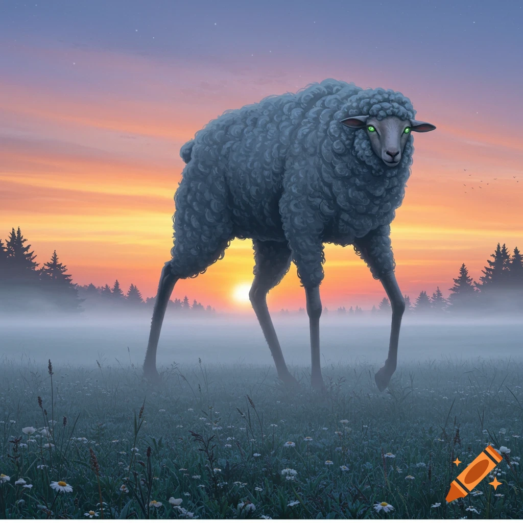 A surreal sheep-like creature with long, slender legs stands in a misty ...