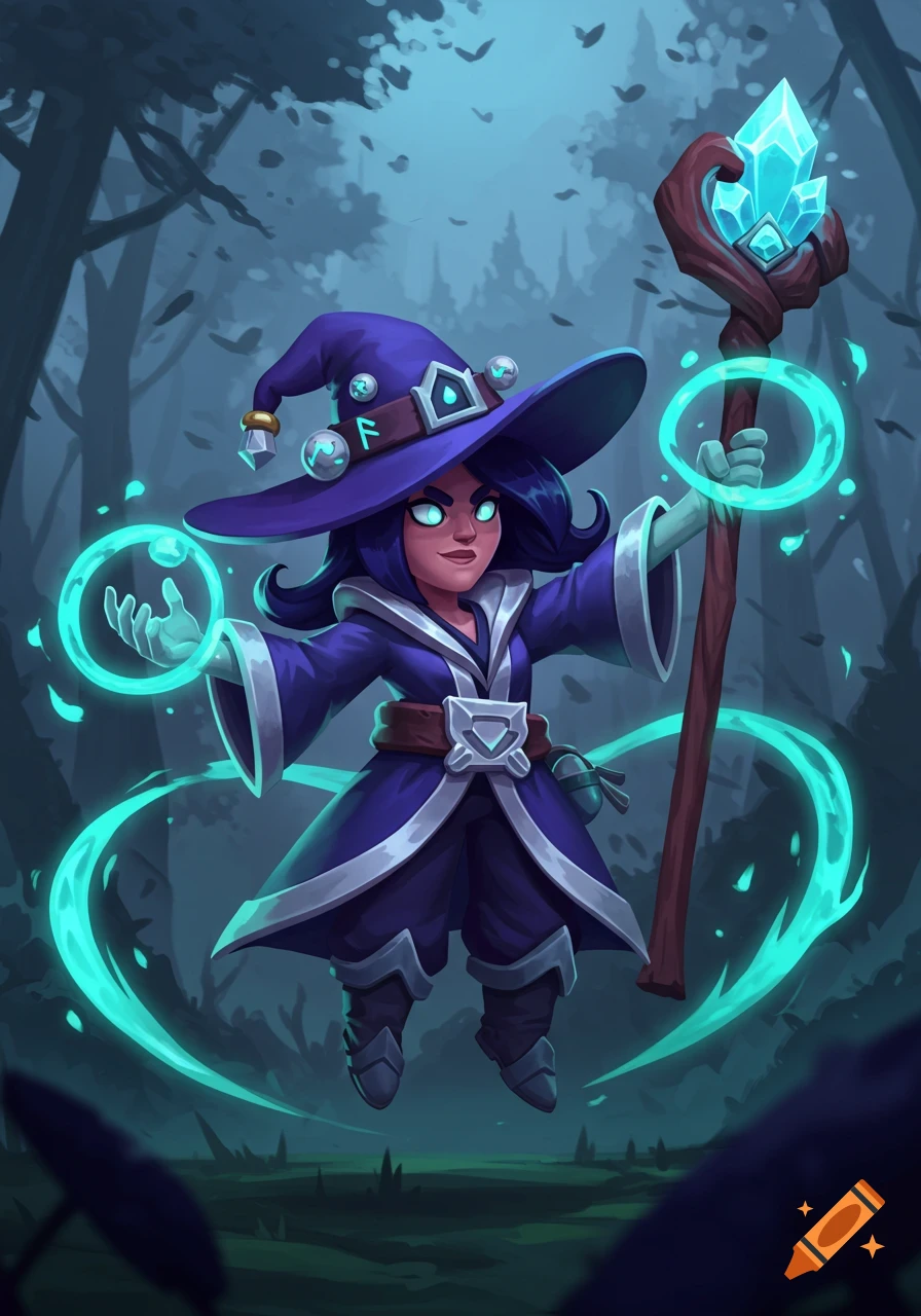 A stylized cartoon witch in a purple robe and hat casts glowing teal ...