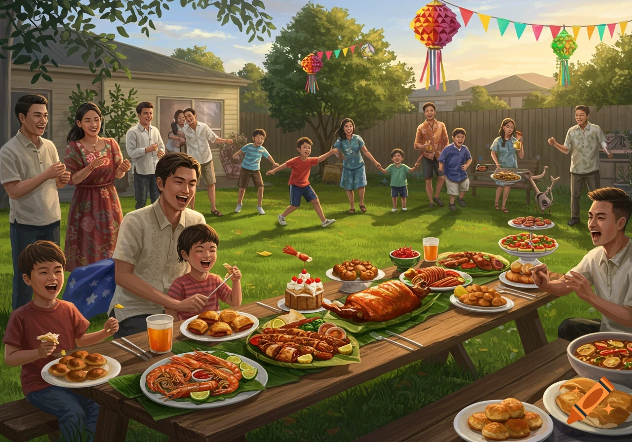 A large Australian Filipino family has a backyard party with a table ...