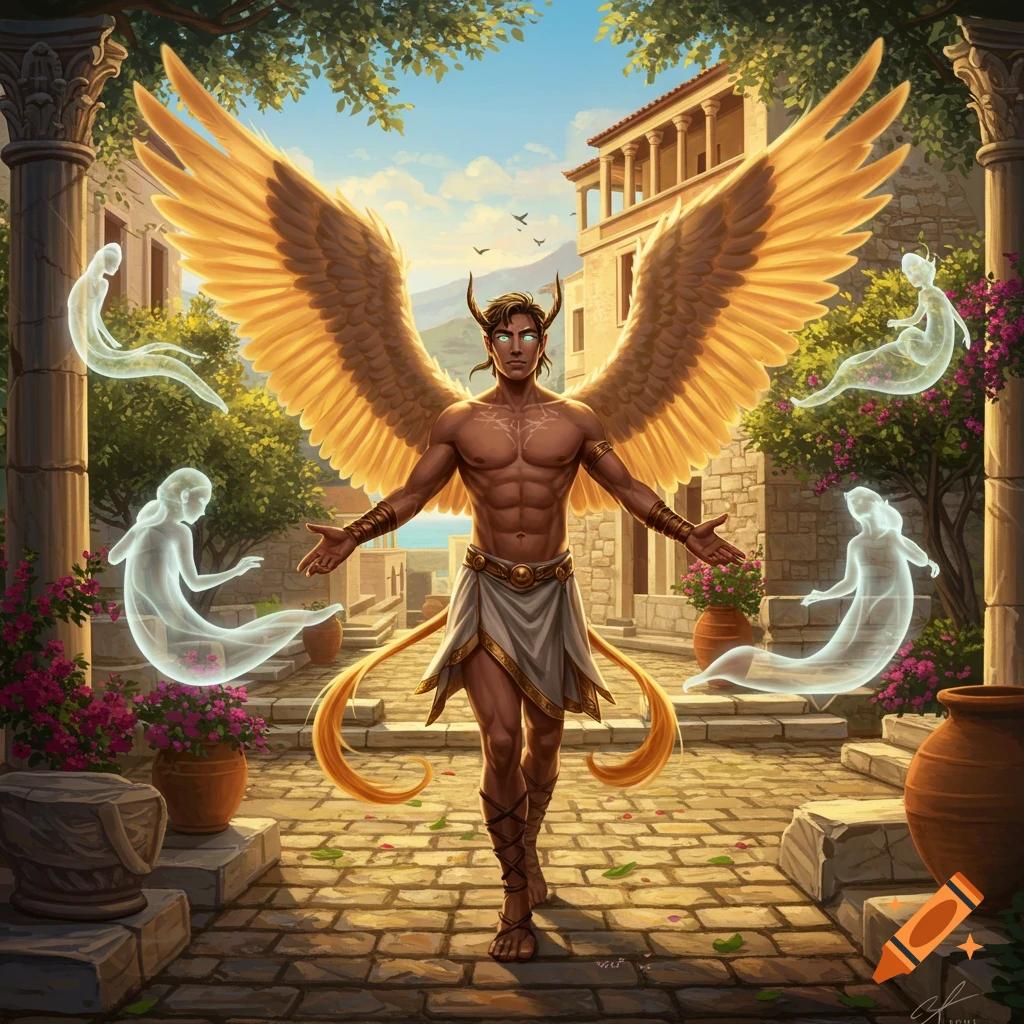 A muscular, winged, god-like figure with exposed anatomy floats among ...