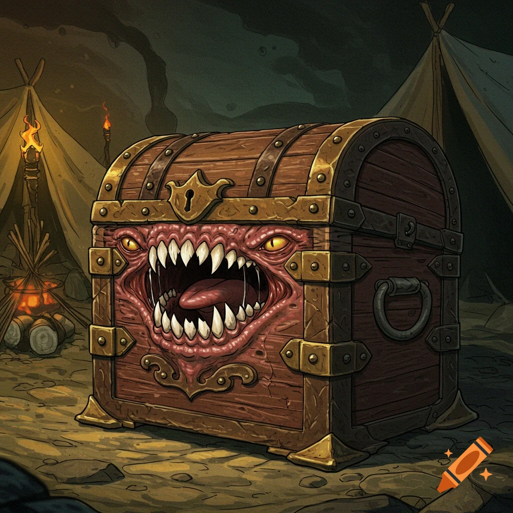 A D&D mimic chest with sharp teeth and yellow eyes in a cave with tents ...