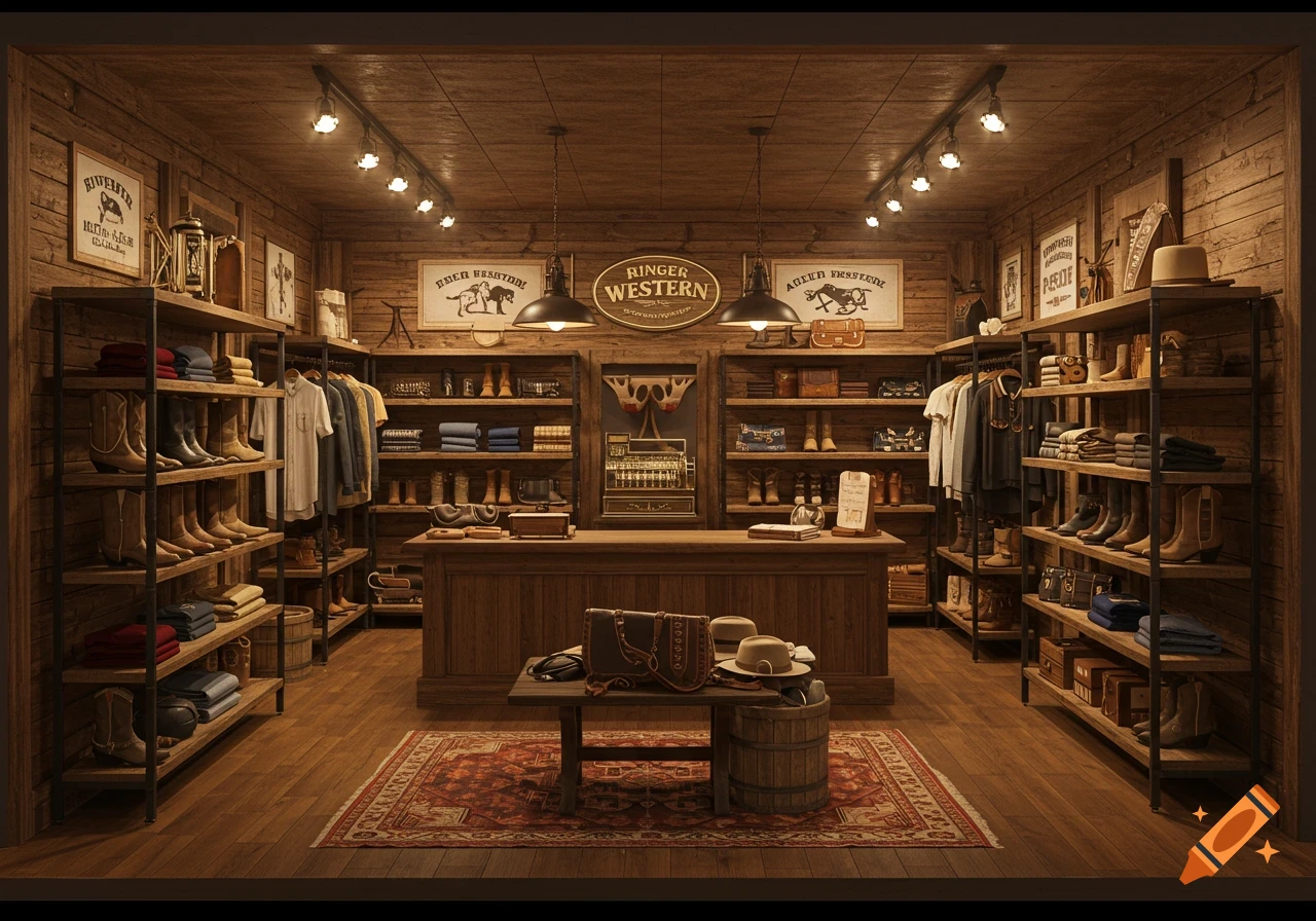 A rustic wooden western wear shop interior with shelves full of boots ...
