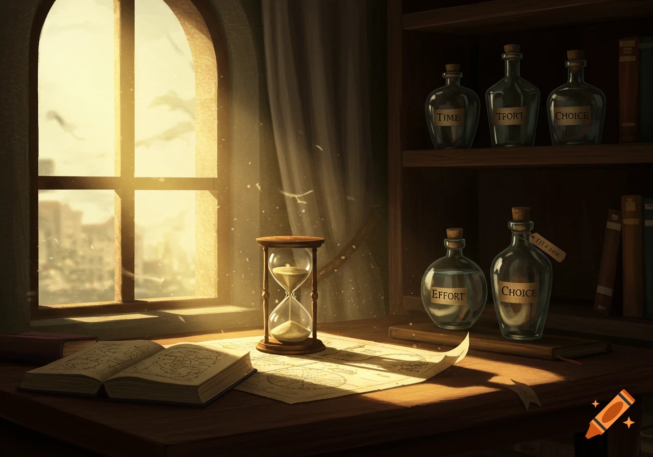 A dark, atmospheric scene of an old wooden desk with several stacks of ...