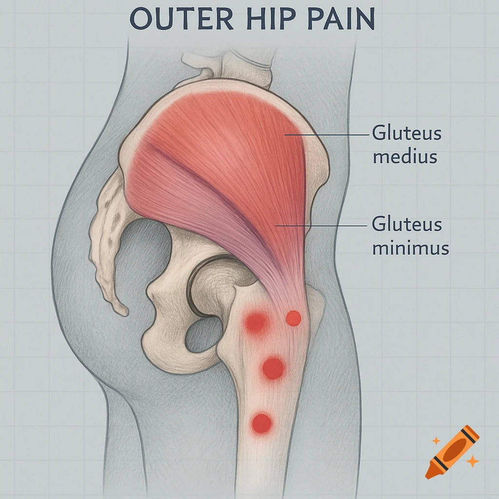 Anatomy diagram illustrating outer hip pain, highlighting the gluteus ...
