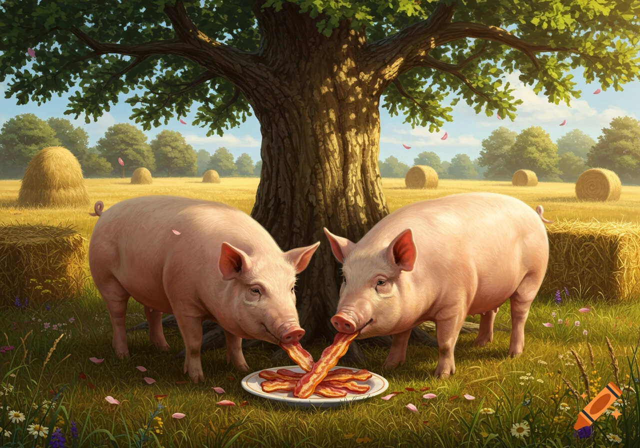 Two pigs eat bacon from a plate under a large tree in a sunny field ...