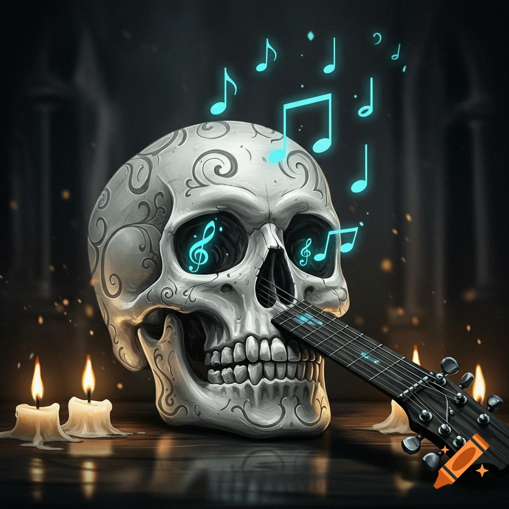 A stylized, ornate skull with glowing blue musical notes in its eye ...