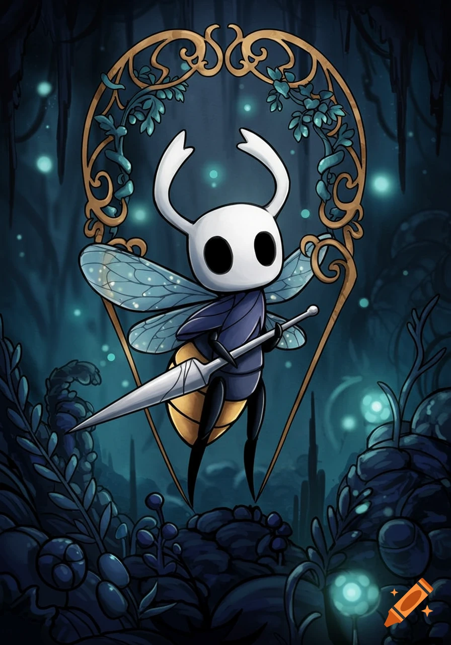 A white-faced bee-like knight with wings holds a nail, set in a dark ...