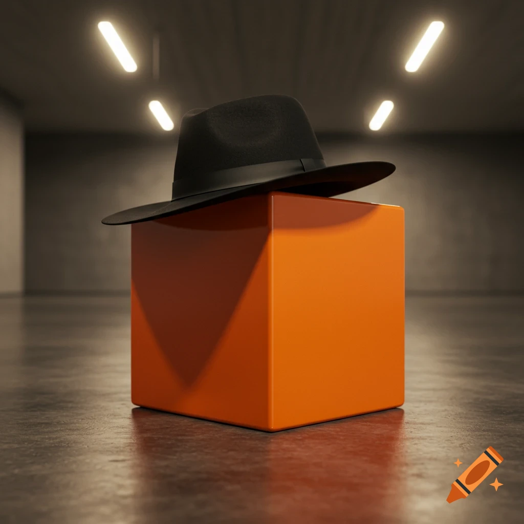 A black fedora rests on a bright orange cube in a dimly lit room with ceiling lights ...
