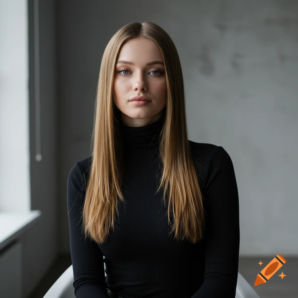 A young woman with long, straight, light brown hair wearing a black turtleneck, looking at the ...