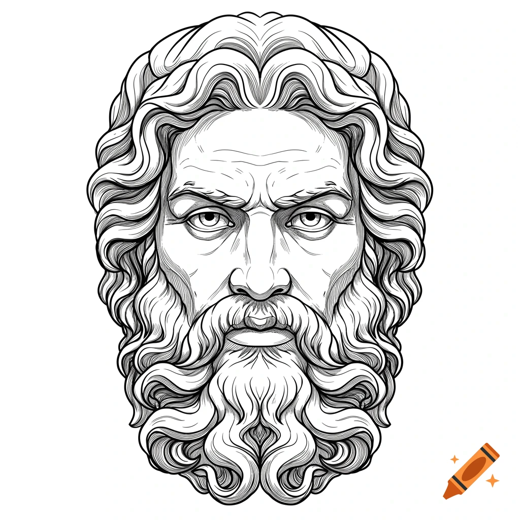 Line drawing of a classical male head, resembling Zeus, with a beard ...