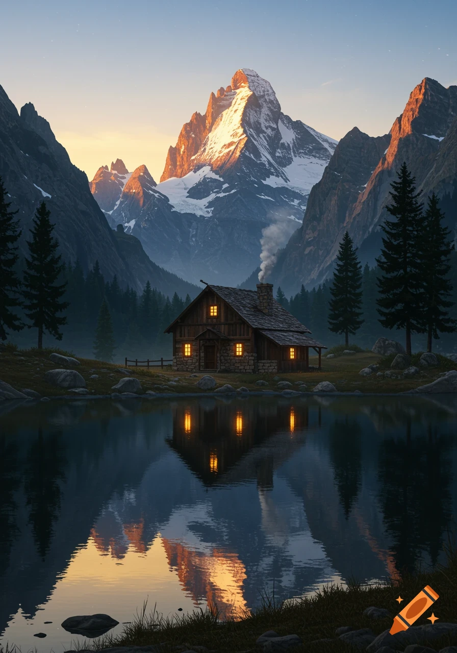 Serene winter landscape with snow-capped mountains, a reflective lake ...