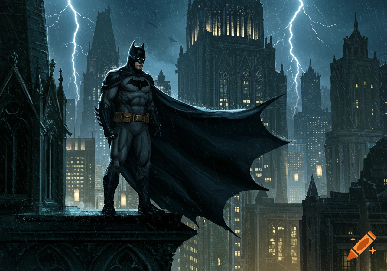 Batman crouches on a building ledge facing Spider-Man who leaps through ...