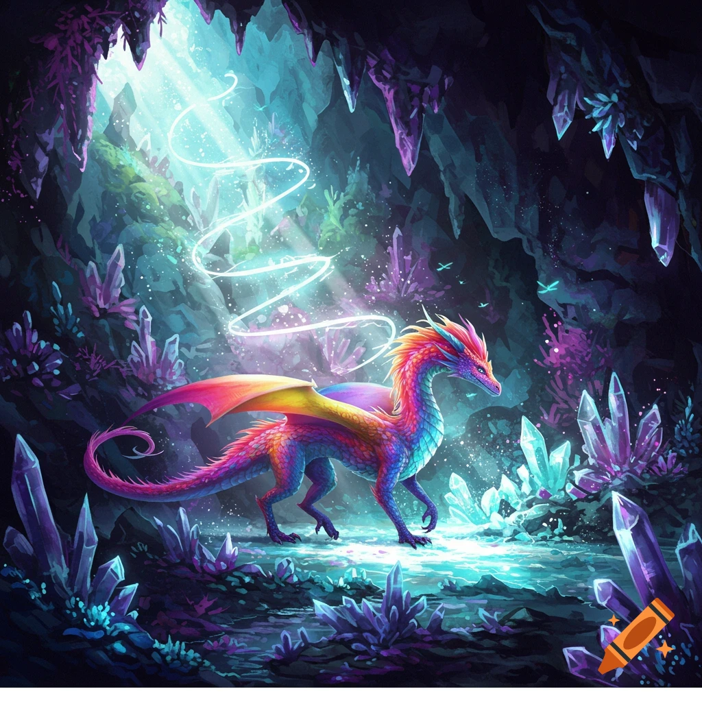 A vibrant rainbow-colored dragon walks through a glowing crystal cave ...