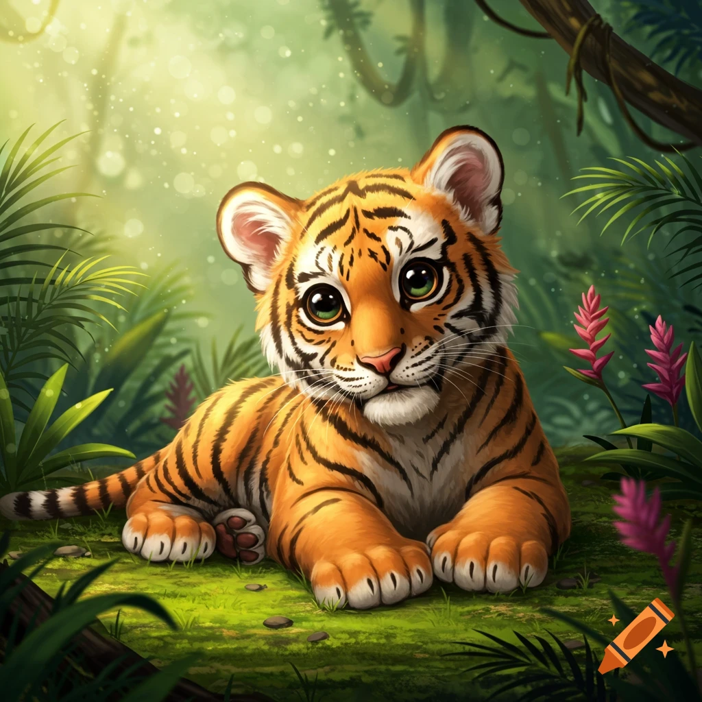 A cute cartoon tiger cub with big eyes sits on a mossy log in a vibrant ...