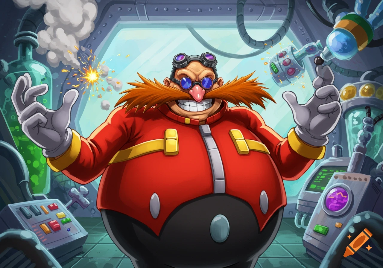 Dr. Robotnik grins maniacally in his lab, holding a black orb, with ...