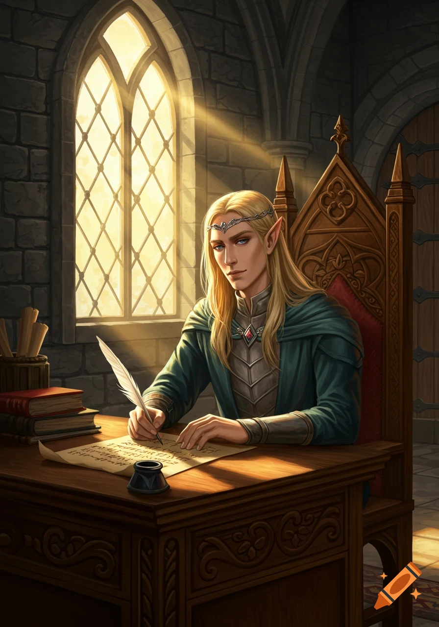 A blond elf prince with blue eyes writes with a quill on parchment at a ...