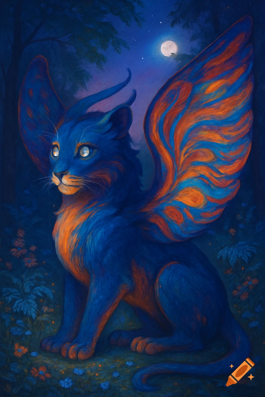 Blue and orange winged cat-like creature in a mystical dark forest at ...