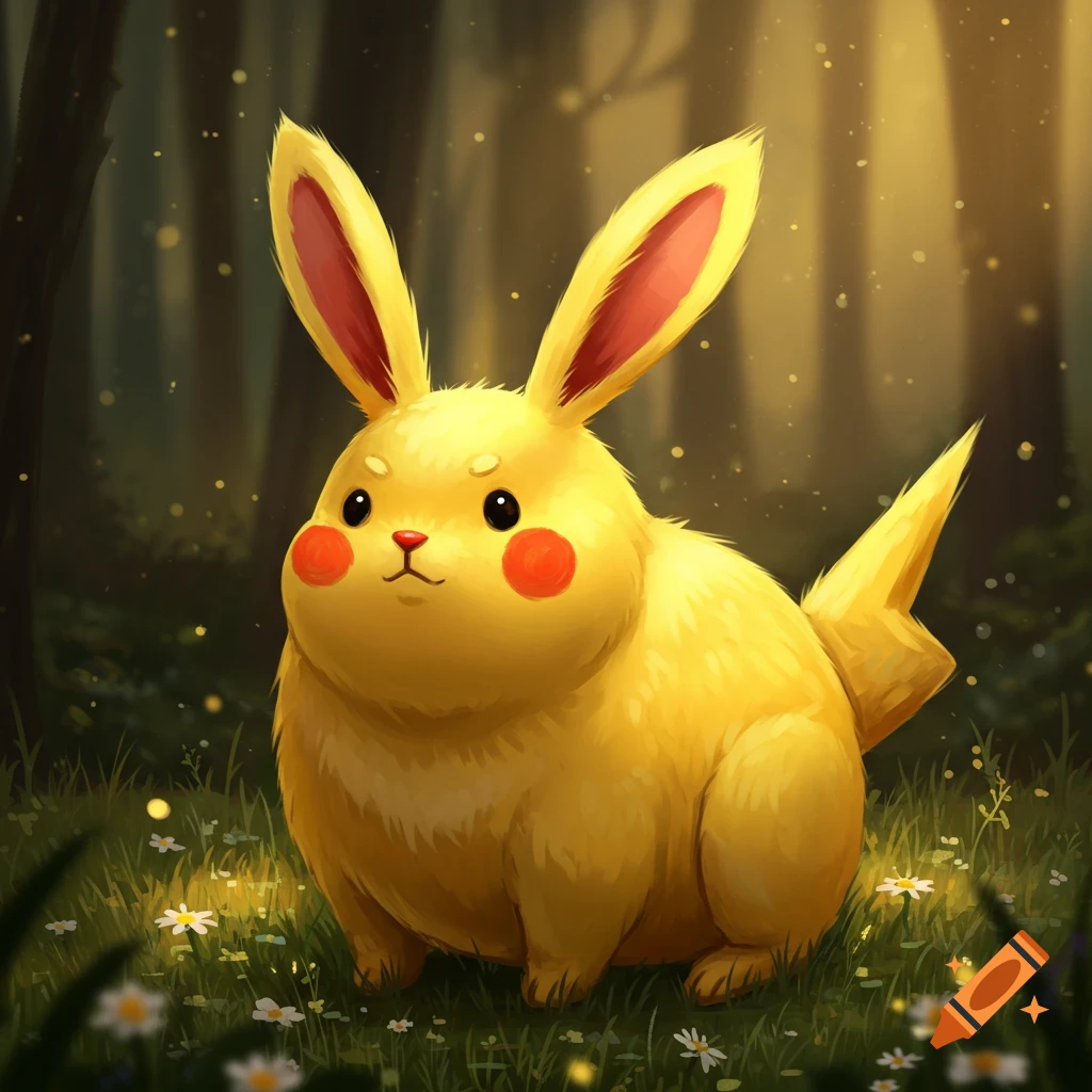 A bright yellow cartoon Pikachu with red cheeks, black-tipped ears, and ...