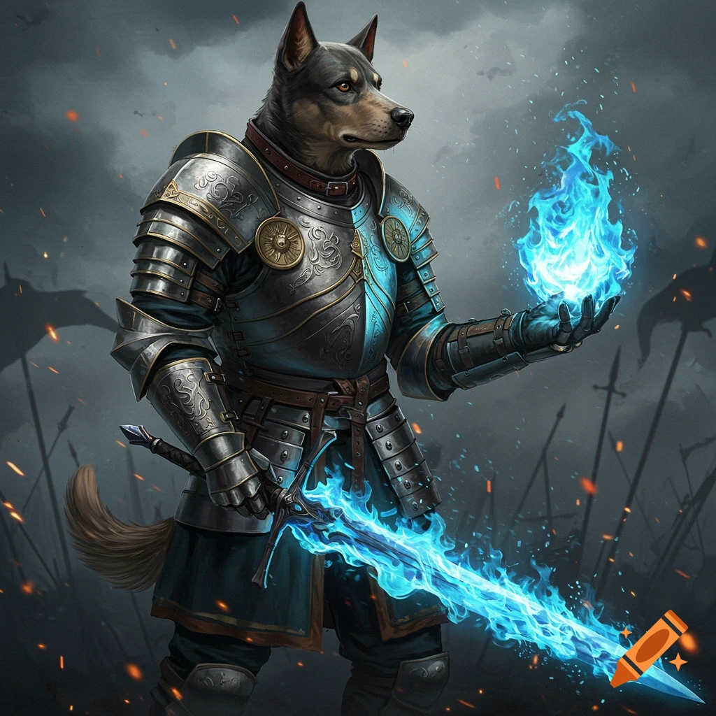 An anthropomorphic dog warrior in intricate medieval armor, wielding a ...