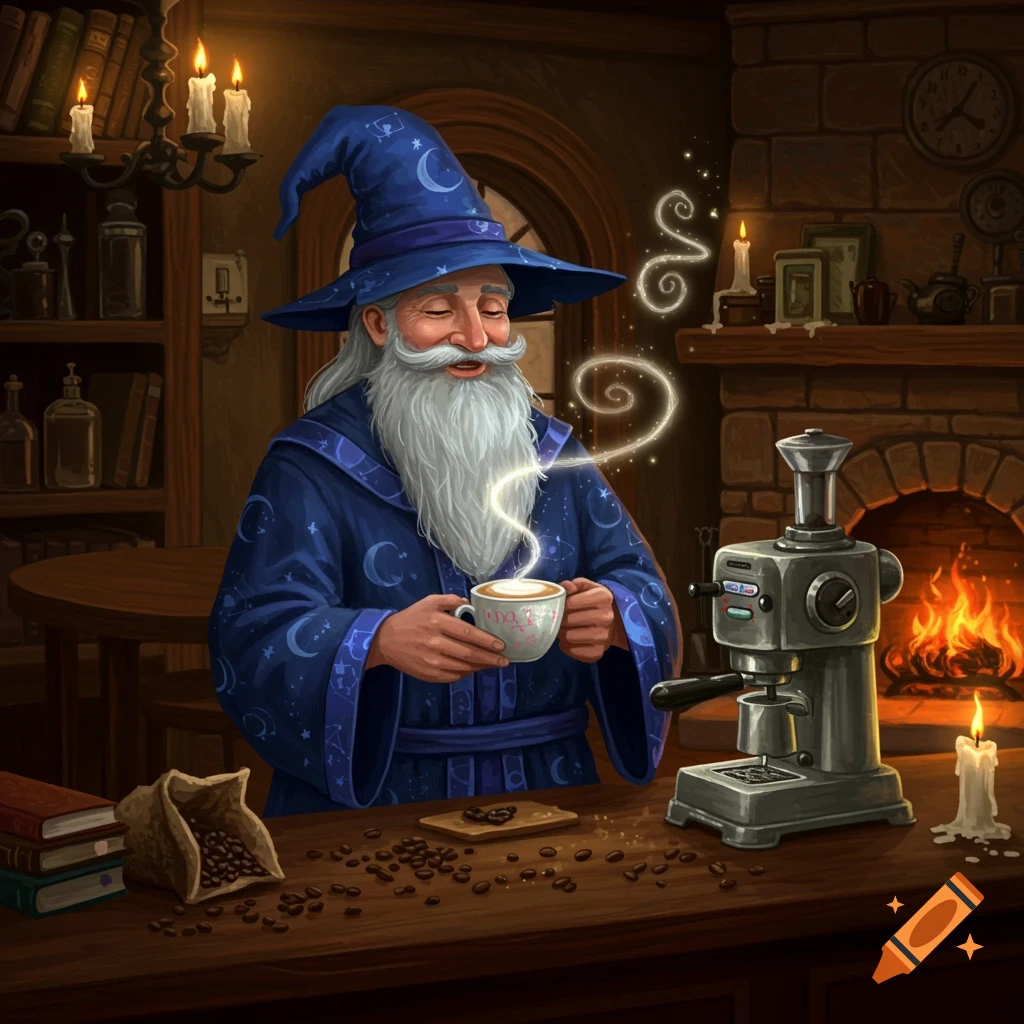 A smiling wizard with a long white beard in a blue robe and pointed hat ...
