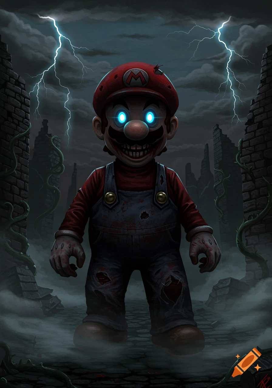 An evil, bloody Mario with glowing red eyes and sharp teeth stands in a ...