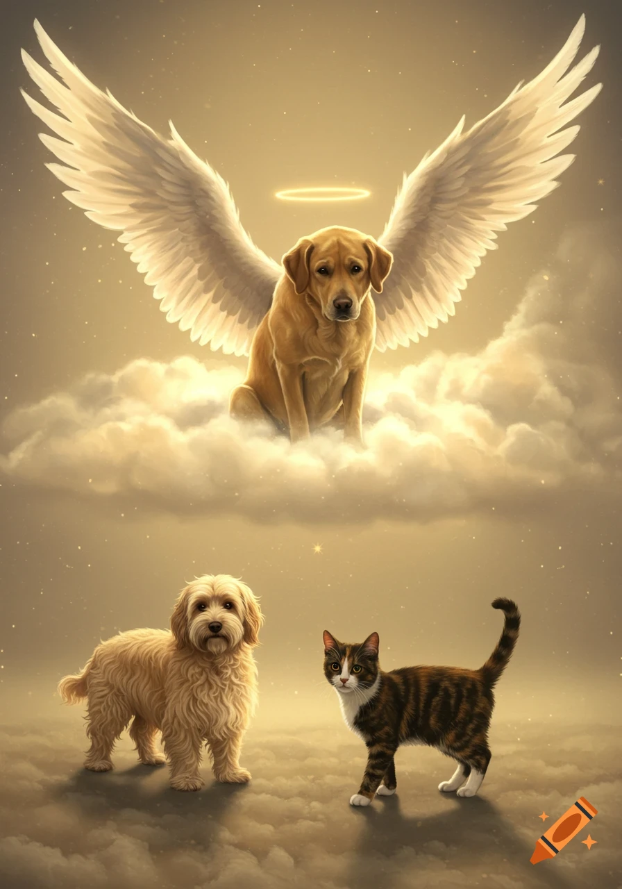 Pink poodle with iridescent fairy wings flying on a magic carpet ...