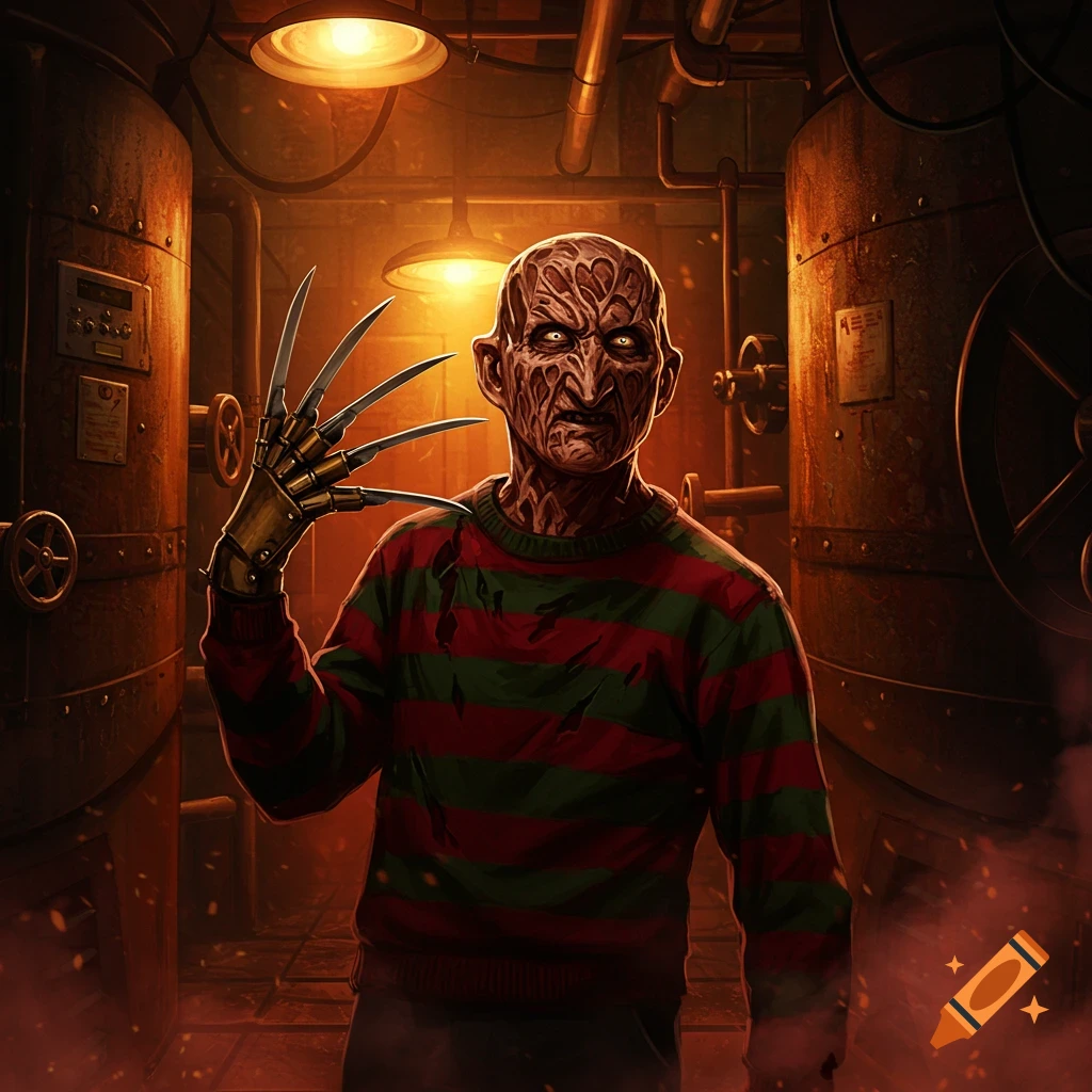 Freddy Krueger with a scarred face and blade glove stands in a dark ...